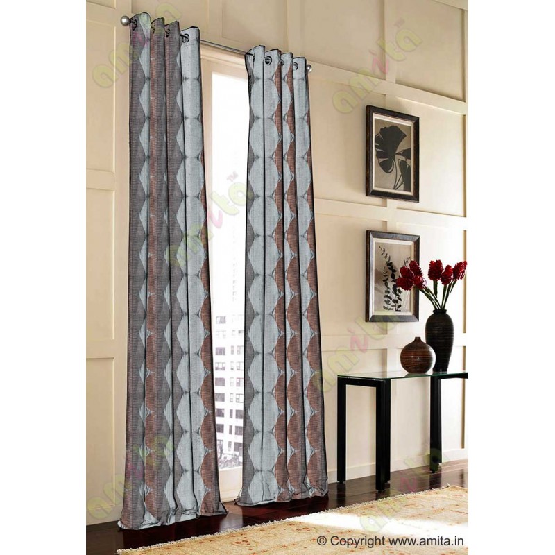 Copper Silver Grey Geometric Design Poly Main Curtain-Designs